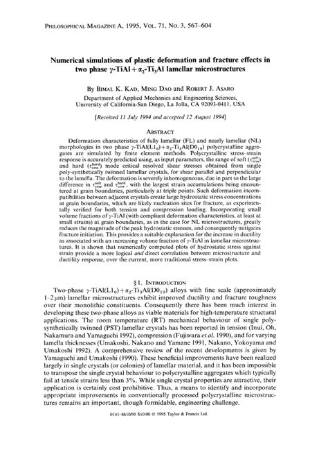 Pdf Numerical Simulations Of Plastic Deformation And Fracture Effects In Two Phase Tial