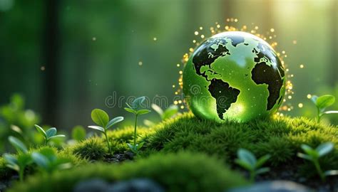 Green Globe Earth Sits On Bed Of Moss Small Plants Eco Friendly Tech Concept Sustainable