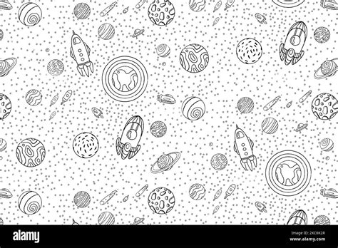 Cosmos Seamless Pattern Hand Drawn Doodle Vector Rockets Planets