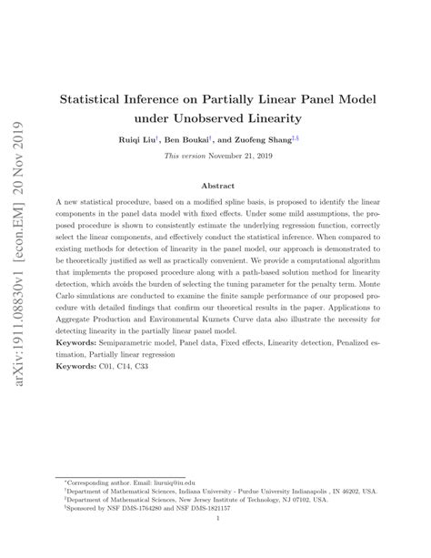 Pdf Statistical Inference On Partially Linear Panel Model Under Unobserved Linearity