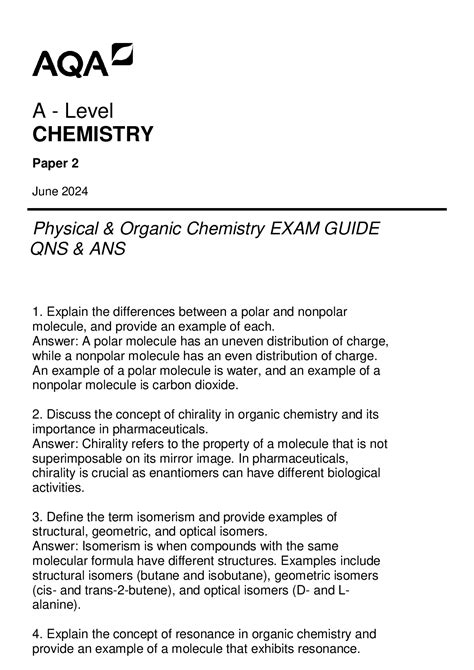 Aqa A Level Chemistry Paper 2 Physical And Organic Chemsirty Exam Guide Qns And Ans June 2024