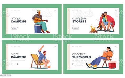 젊은이들은 야간 여름 캠프 랜딩 페이지 템플릿 세트에서 시간을 보냅니다 활성 관광 캐릭터 벡터 일러스트 레이 션 캠핑에 대한 스톡 벡터 아트 및 기타 이미지 Istock