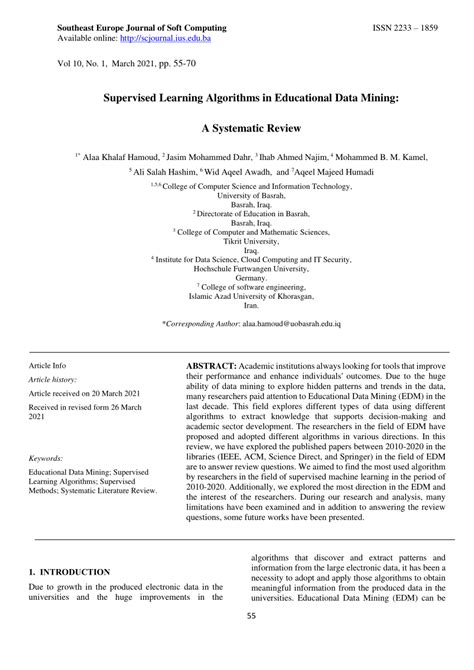 Pdf Supervised Learning Algorithms In Educational Data Mining A