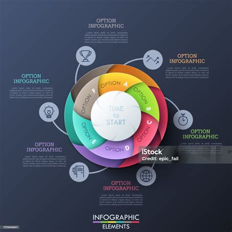 원형 다이어그램은 얇은 선 아이콘과 텍스트 상자로 연결된 6 개의 여러 가지 색상의 나선형 섹터로 나뉩니다 비즈니스 개발
