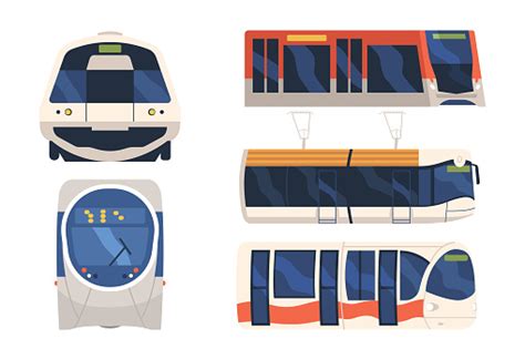 세트 기차 트램 지하철 전면 및 측면 보기 고립 된 교통 어반 익스프레스 트레인 지하철 기관차 현대 통근 여행 개념에 대한 스톡