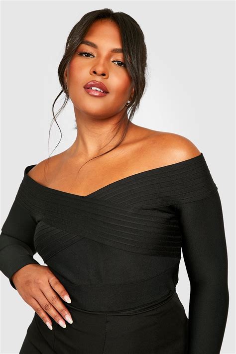 Womens Black Plus Premium Bandage Bardot Top Boohoo Uk