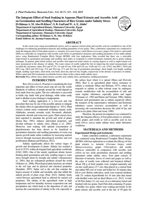 Pdf The Integrate Effect Of Seed Soaking In Aqueous Plant Extracts And Ascorbic Acid On
