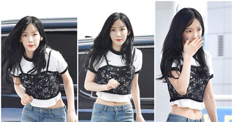 [포토엔화보] 태연 크롭 티셔츠 위에 란제리 과감하면서도 난감한 패션 공항패션