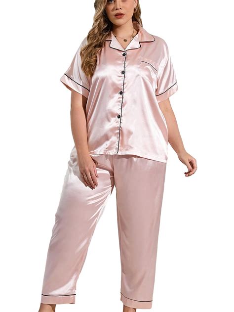Cozyease Womens Plus Size 2 Piece Satin Pajama Set Contrast Binding