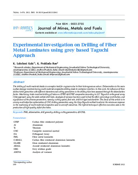 Pdf Experimental Investigation On Drilling Of Fiber Metal Laminates Using Grey Based Taguchi