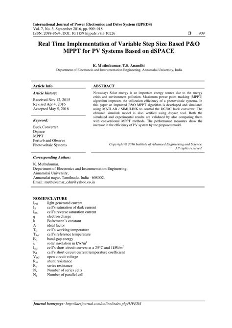 Pdf Real Time Implementation Of Variable Step Size Based Pando Mppt For Pv Systems Based On Dspace