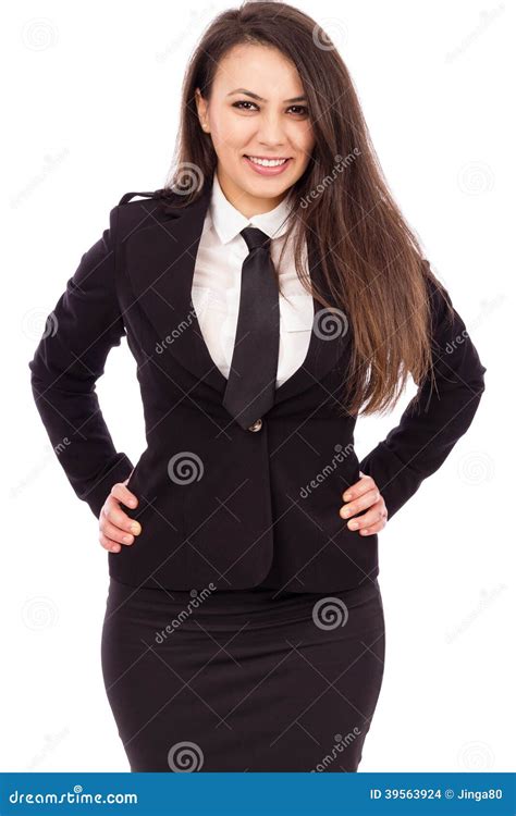 Belle Femme Daffaires De Sourire Avec Des Mains Sur Des Hanches Photo