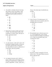 ACT Worksheet Probability ACT Probability Questions Algebra II Trigonometry 1 If A Marble