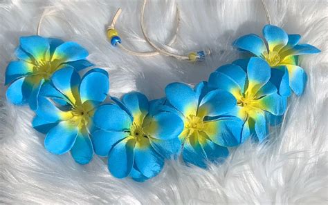 Blue Yellow Hawaiian Plumeria Flower Headband Hula Flowers Lei Festival