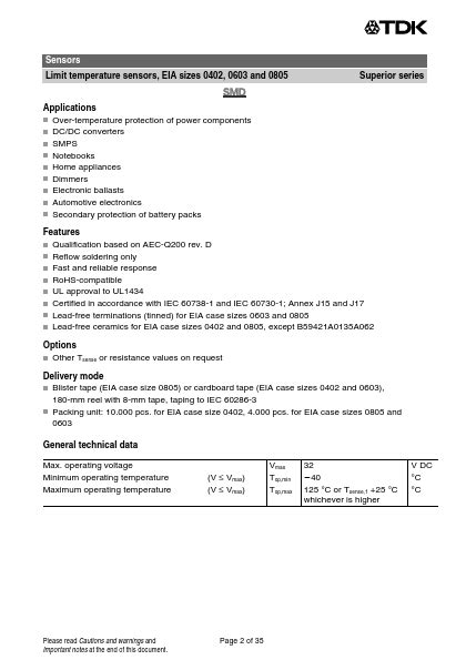 B59421 Ptc Thermistors As Limit Temperature Sensors Tdk
