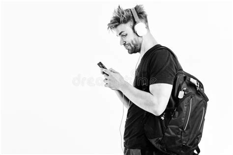 He Is Ok With Technology Mp Player Muscular Man Listen Music On Phone Mp Player Stock Photo