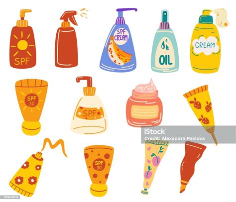 선 스크린 크림 세트 태양 자외선으로부터 피부를 보호합니다 여름 화장품 자외선 차단제 피부 보호 피부 관리 제품 벡터 손 그리기 그림 0명에 대한 스톡 벡터 아트 및 기타