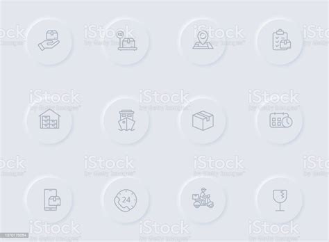 둥근 고무 버튼에 회색 벡터 아이콘을 전달합니다 웹 모바일 앱 Ui 디자인 및 프로모션 비즈니스 폴리그래피용 배달 아이콘 세트