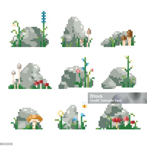 8 비트 비디오 게임을위한 픽셀 아트 포레스트 요소 픽셀 바위 잔디 꽃과 버섯 벡터는 자산 웹 배너 스티커에 대 한 돌 요소를 격리 합니다 16에 대한 스톡 벡터 아트 및