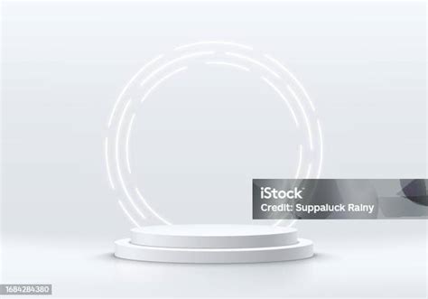 은색 실린더 받침대 연단과 빛나는 원형 네온 조명 벽 장면이 있는 3d 배경 플랫폼 모형 제품 디스플레이 프레젠테이션 미니멀한 디자인의 추상적인 구성 무대 쇼케이스 0명에