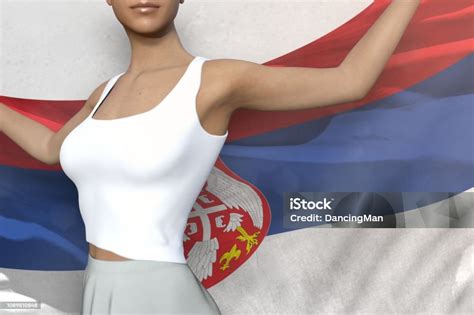 밝은 치마에 아름 다운 여자를 보유 하 고 세르비아 플래그 손에 흰색 배경플래그 개념 3d 그림에 그녀의 뒤 개념에 대한 스톡 사진 및 기타 이미지 Istock