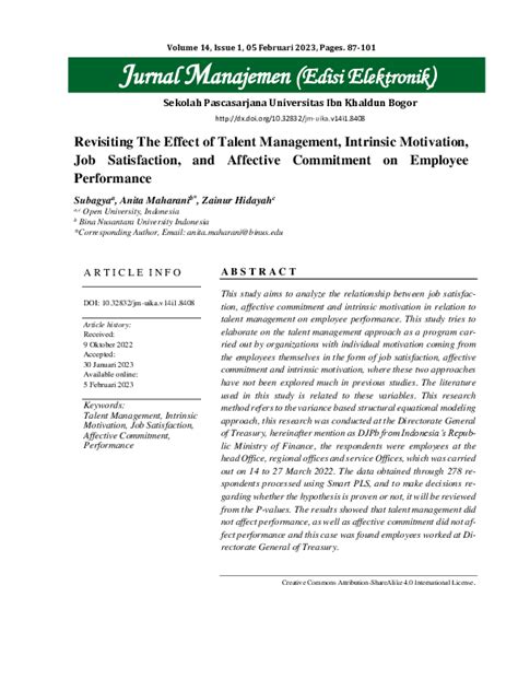 Pdf Revisiting The Effect Of Talent Management Intrinsic Motivation Job Satisfaction And