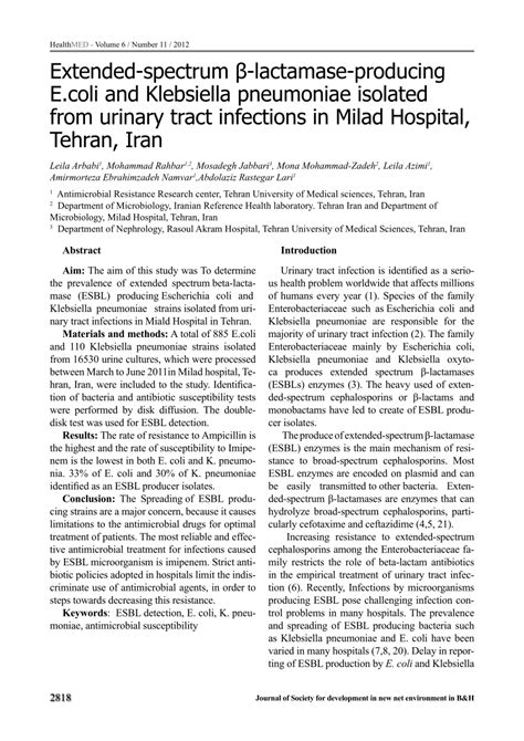 Pdf Extended Spectrum β Lactamase Producing Li And Klebsiella