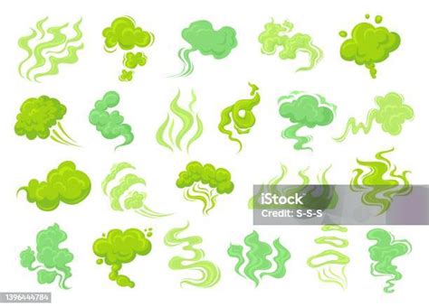 냄새 나는 연기 푸 냄새 구름 오래된 불쾌한 냄새 녹색 연기 독가스 나쁜 향기 호흡 방귀 냄새 썩은 음식 냄새 향기 요리 효과 만화 깔끔한 벡터 일러스트 레이 션 방귀에