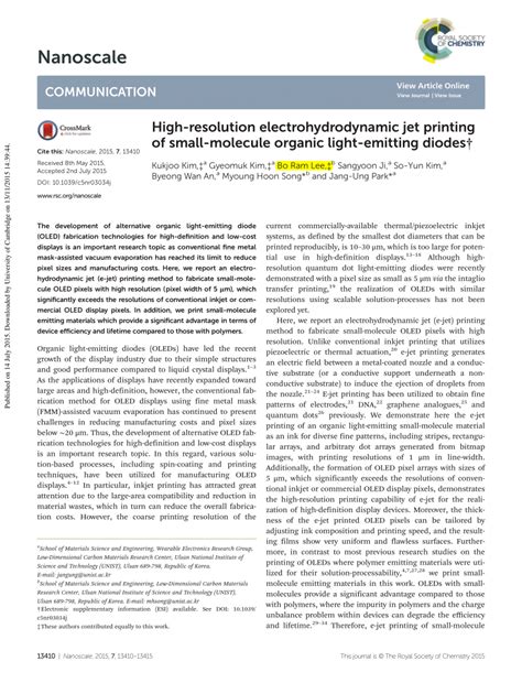 Pdf High Resolution Electrohydrodynamic Jet Printing Of Small