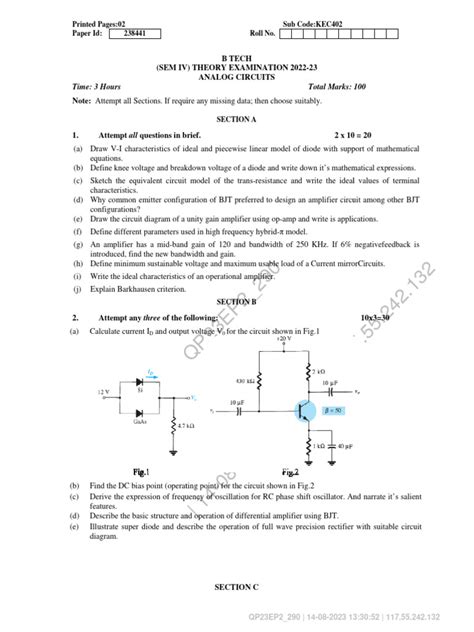 Btech Ec 4 Sem Analog Circuits Kec 402 2023 Pdf Amplifier Bipolar Junction Transistor