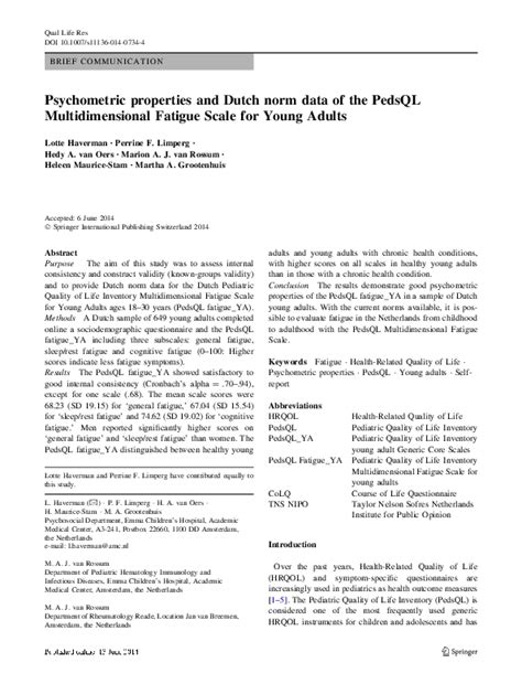 Pdf Psychometric Properties And Dutch Norm Data Of The Pedsql Multidimensional Fatigue Scale