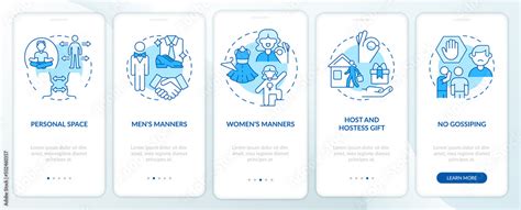 Social Etiquette Blue Onboarding Mobile App Screen Rules Of Behavior Walkthrough Steps