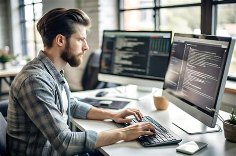 Programmer Writing Code On Computer At Workstation Premium Ai Generated Image