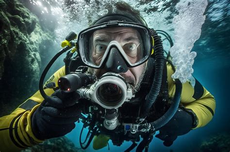 Premium Ai Image Male Scuba Diver Underwater Neural Network Ai Generated