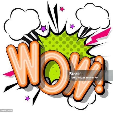 만화 디자인 연설 거품 와우레트로 문자 플래시 폭발 구름 번개 별 그림자 하프톤 패턴입니다 빈티지 팝 아트 스타일에 밝은 벡터 일러스트입니다 경외감에 대한 스톡 벡터 아트