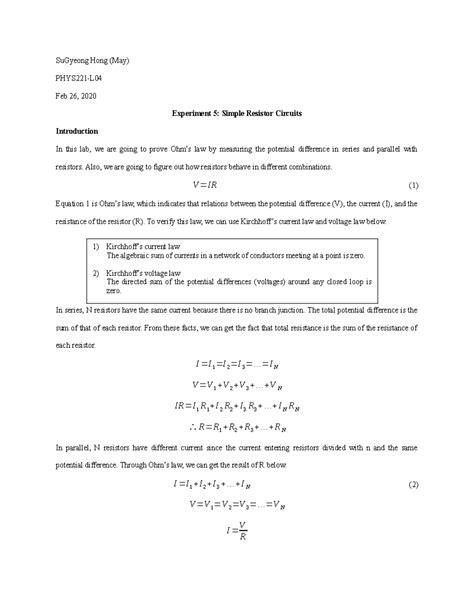 Lab Report 5 Simple Resistor Circuits SuGyeong Hong May PHYS221 L Feb 26 2020 Experiment