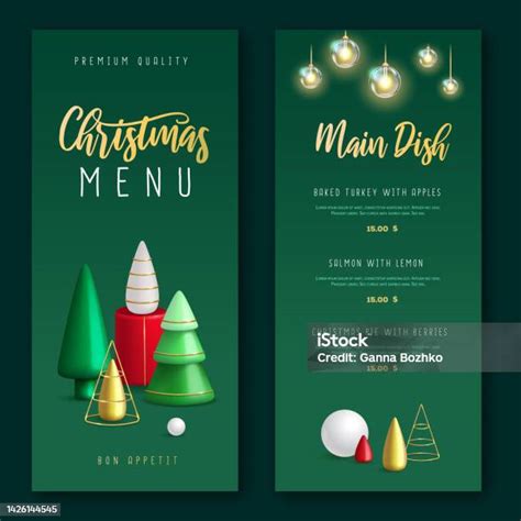 현실적인 3d 플라스틱 크리스마스 트리가있는 크리스마스 홀리데이 레스토랑 메뉴 디자인 벡터 일러스트 레이 션 3차원 형태에 대한 스톡 벡터 아트 및 기타 이미지 Istock
