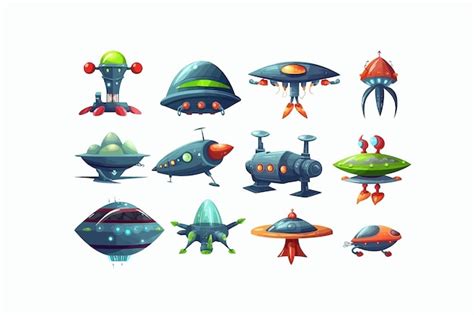 외계인 우주선 게임 아이콘 벡터 흰색 배경 벡터 만화 그림에 격리 설정 프리미엄 벡터