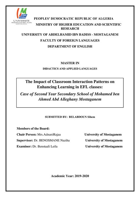 The Impact Of Classroom Interaction Patterns Peoples Democratic Republic Of Algeria Ministry