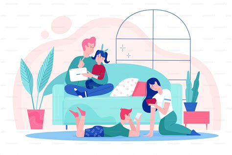 집에 있는 가족들 벡터 그림 태블릿을 사용하는 만화 행복한 아버지 어머니와 아이들 소셜 미디어 활동을 위한 스마트폰 가제트 가제티어 캐릭터 및 가족 가제트 중독자