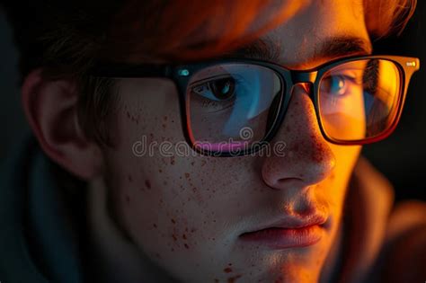 Reflection Of Data On The Eyeglasses Worn By A Computer Programmer Analyzing Big Data Stock