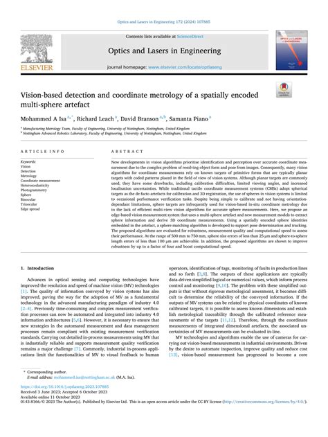 Pdf Vision Based Detection And Coordinate Metrology Of A Spatially Encoded Multi Sphere Artefact