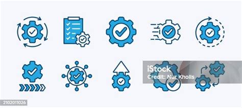 기어 설정 아이콘 세트입니다 실행 프로세스 시스템 평가 효율성 비즈니스 관리 프로젝트 작업 구현 운영 최적화 성능을 포함합니다 벡터 일러스트 레이 션 개선에 대한 스톡 벡터