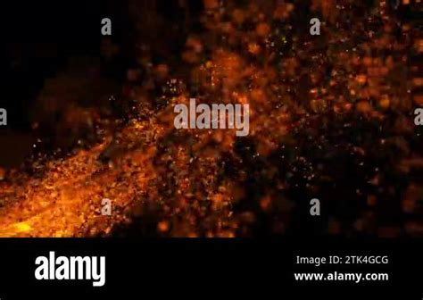 Abstract Loop Orange Fire Particles With Smoke Cloud Flare Explod Flow From Bottom Left To Right
