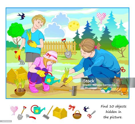 아이들을 위한 논리 퍼즐 게임 그림에 숨겨진 10 개의 물체를 찾으십시오 봄 정원에서 일하는 아이들 교육 페이지 온라인 플레이