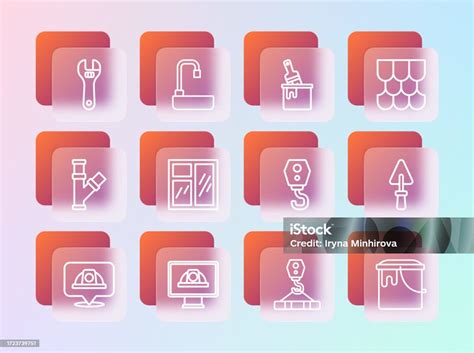 세트 라인 지붕 타일 작업자 안전 헬멧 크레인 후크 실내 창 브러시가 있는 페인트 통 조정 가능한 렌치 및 세면기 아이콘 벡터 가정의 방에 대한 스톡 벡터 아트 및 기타