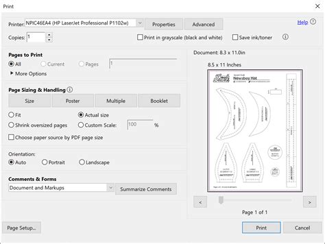 Adobe Acrobat Print Dialogue Set To Actual Size