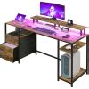 HOMCOM Computer Table With LED Lights PC Desk With Power Outlets USB Ports Storage