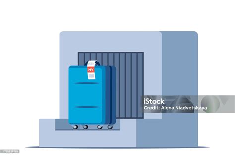 수하물 체크인 무게 수하물 벨트에 라벨이 붙은 여행 가방 보안 검색대 금속 탐지기 엑스레이 스캐너 벡터 일러스트 레이 션입니다 가방에 대한 스톡 벡터 아트 및 기타 이미지