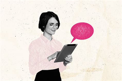 트렌드 삽화 스케치 이미지 사진 콜라주 연설 거품 텍스트 상자 마음 구름 검정 화이트 아가씨 손 보류 Epad 채팅 텍스트 유형 25 29세에 대한 스톡 사진 및 기타